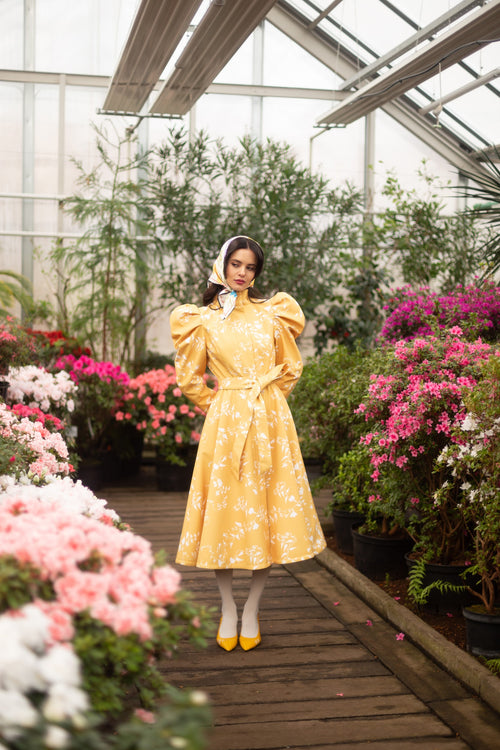 Fit and Flare Coat with Balloon-Styled Sleeves in Yellow with White Fl ...