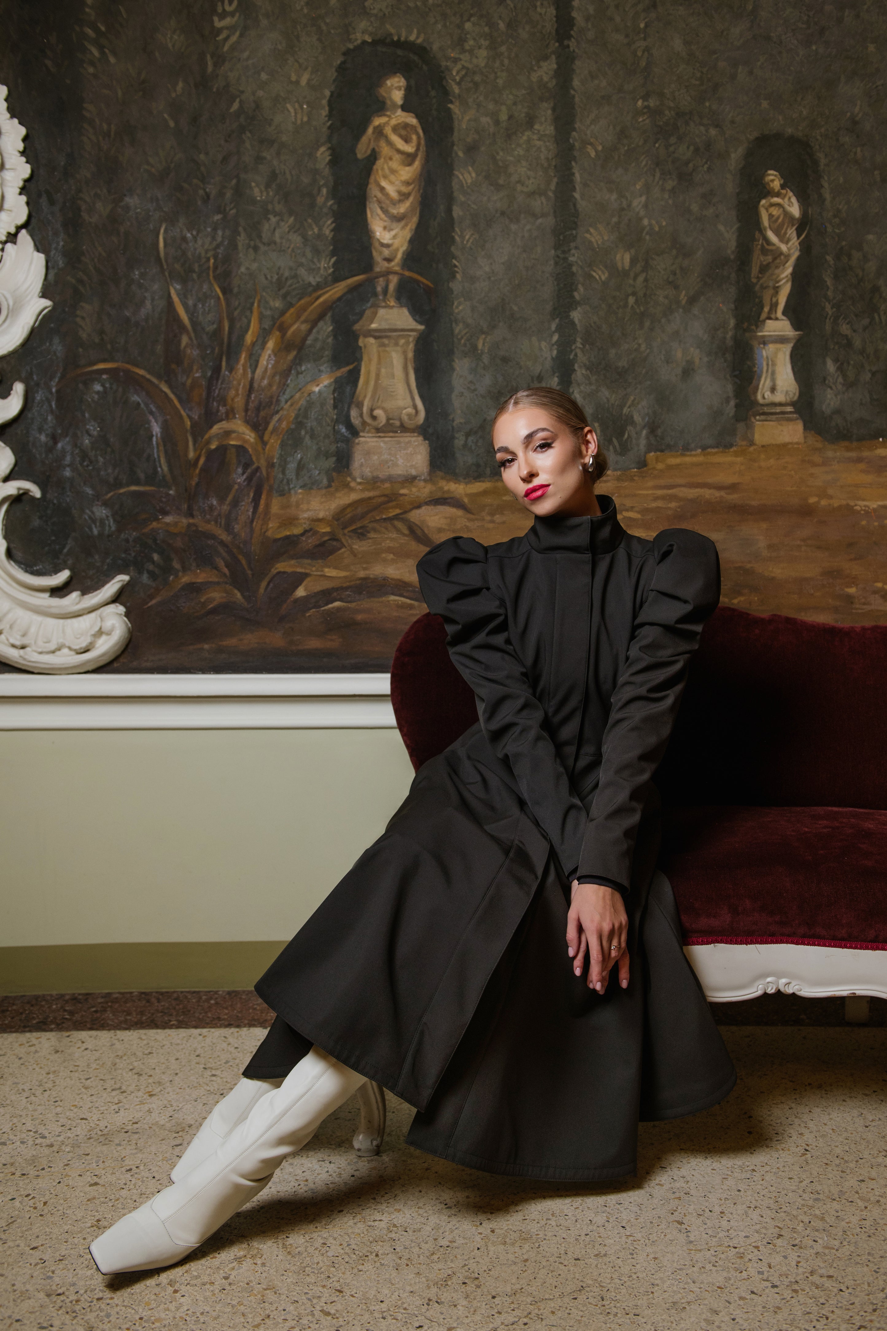 Fitted and Flared Coat with Balloon-Styled Sleeves in Black | 'Majesti ...