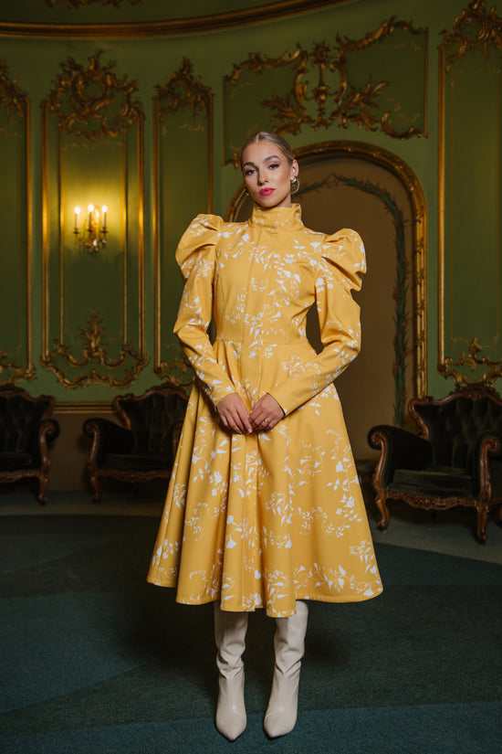 Fit and Flare Coat with Balloon-Styled Sleeves in Yellow with White Fl ...